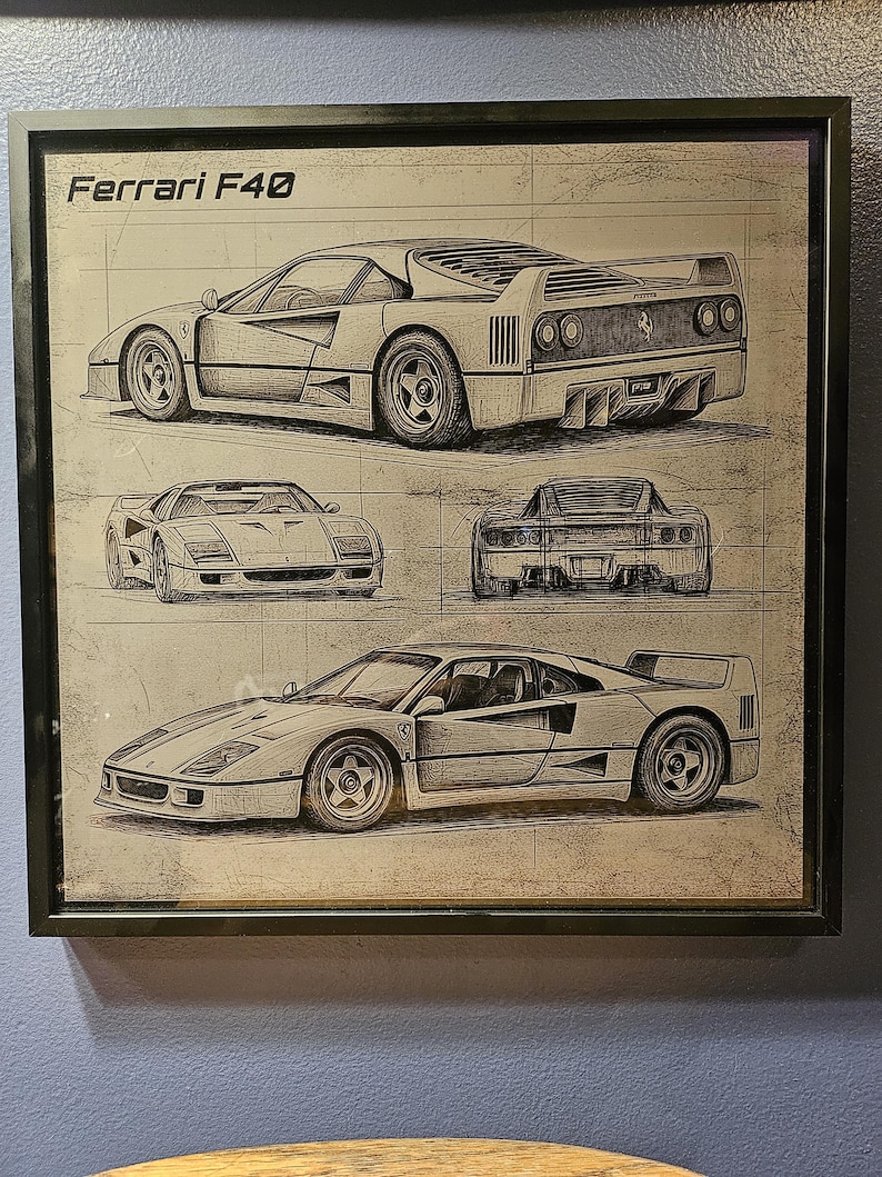 Ferrari F40 Blueprint – Laser Engraved Aluminum Supercar Art | Framed ...