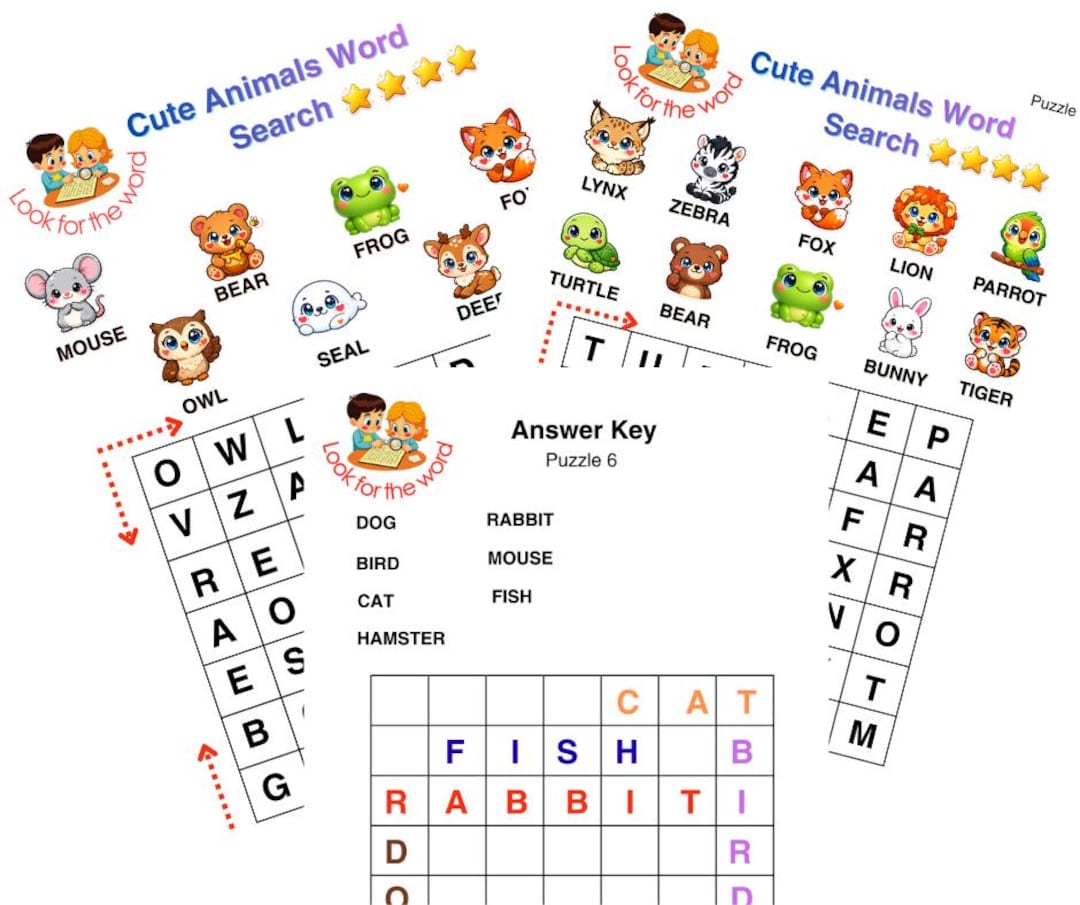 Cute Animals Word Search Puzzles | 4 Medium–hard Puzzles + Answer Keys ...