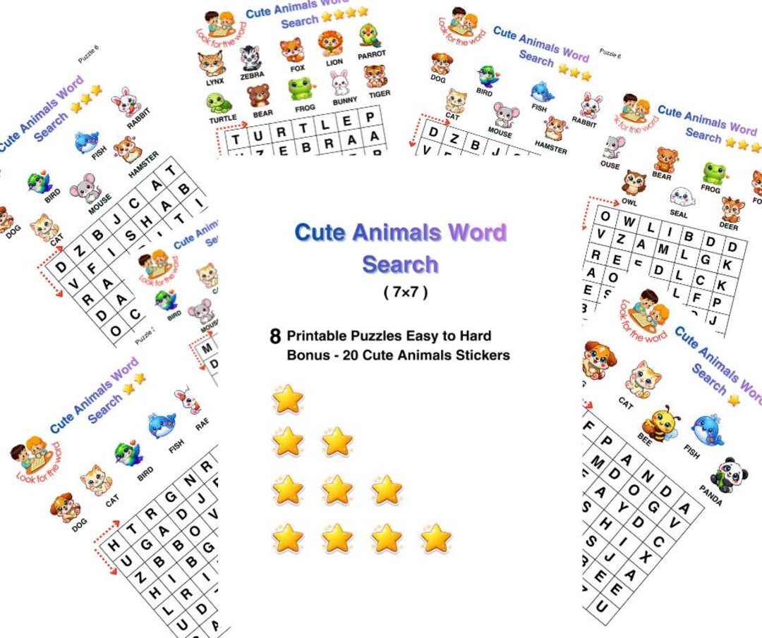 Sweet Animals Word Search for Kids | 8 Printable 7x7 Puzzles | Answer ...