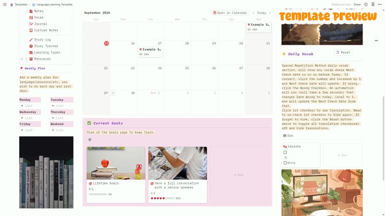 Notion Language Learning Template Pinterest Book Aesthetic - Etsy