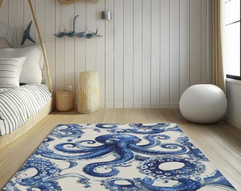 Stylish Diamond Designer Area Rug, Blue Cream Coastal Beach House Decor ...