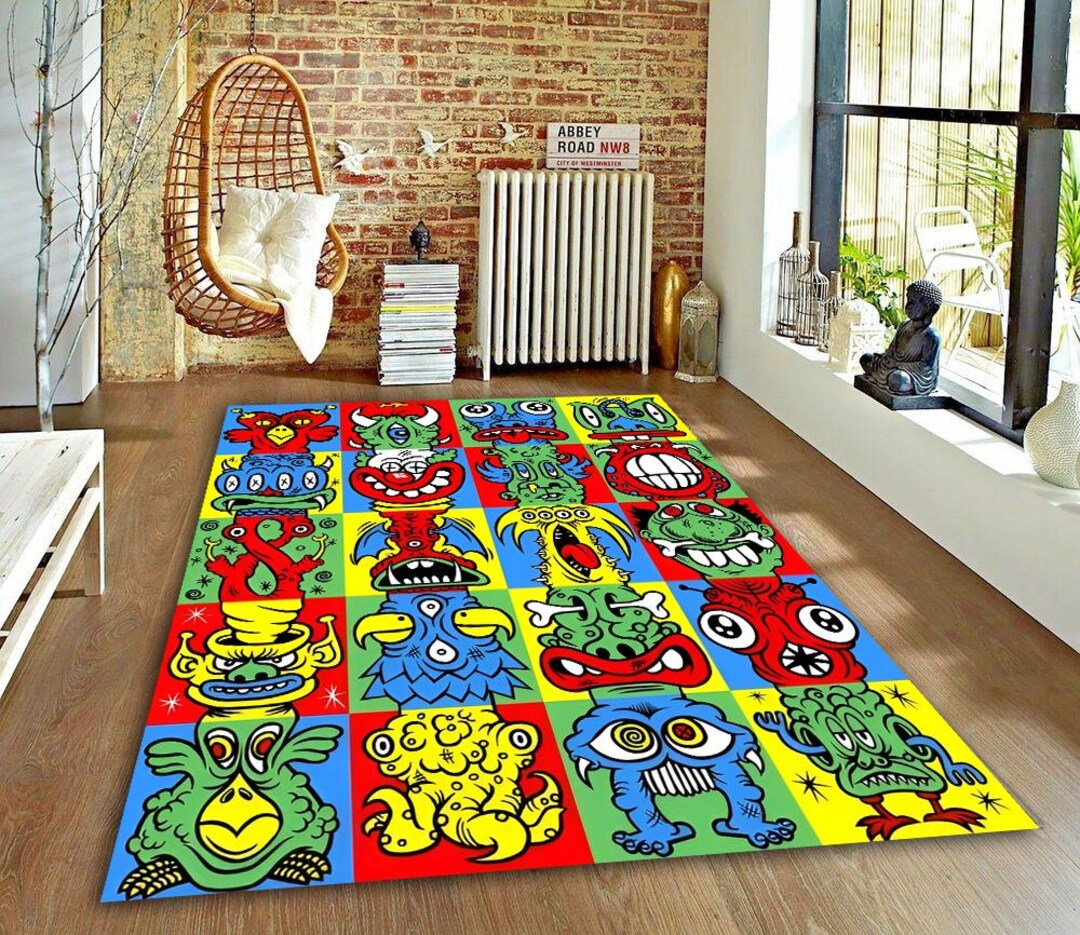 Magnetic Monsters Rug, Monsters Themed Rug, Living Room Rug, Caricature ...