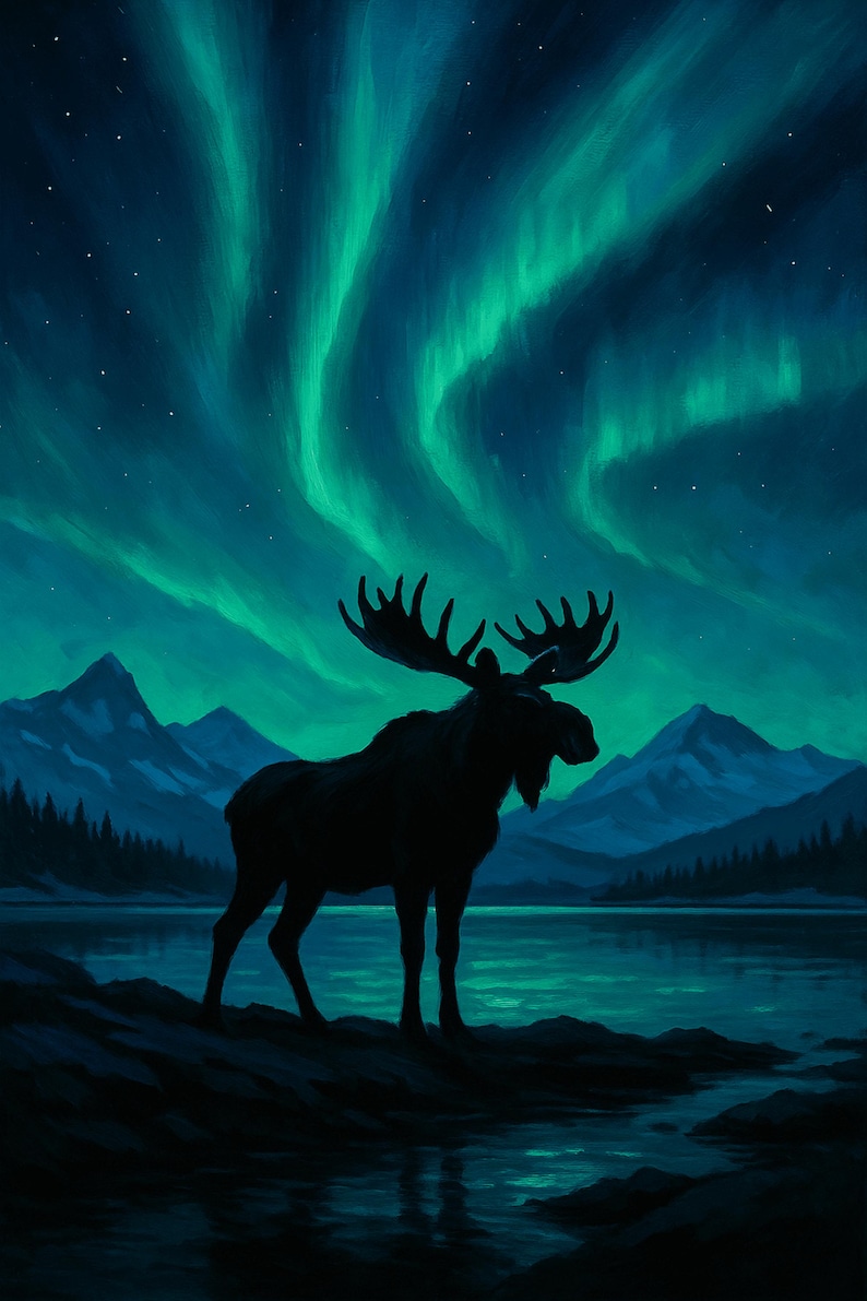 Alaska Moose Northern Lights Wall Art Aurora Borealis Canvas Painting ...