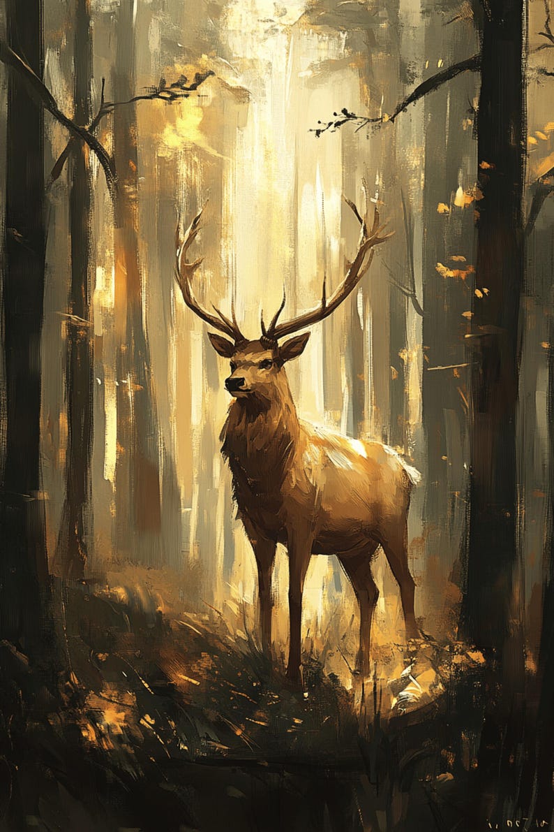 Deer Oil Painting Forest Wildlife Wall Art Buck Portrait Canvas Nature ...