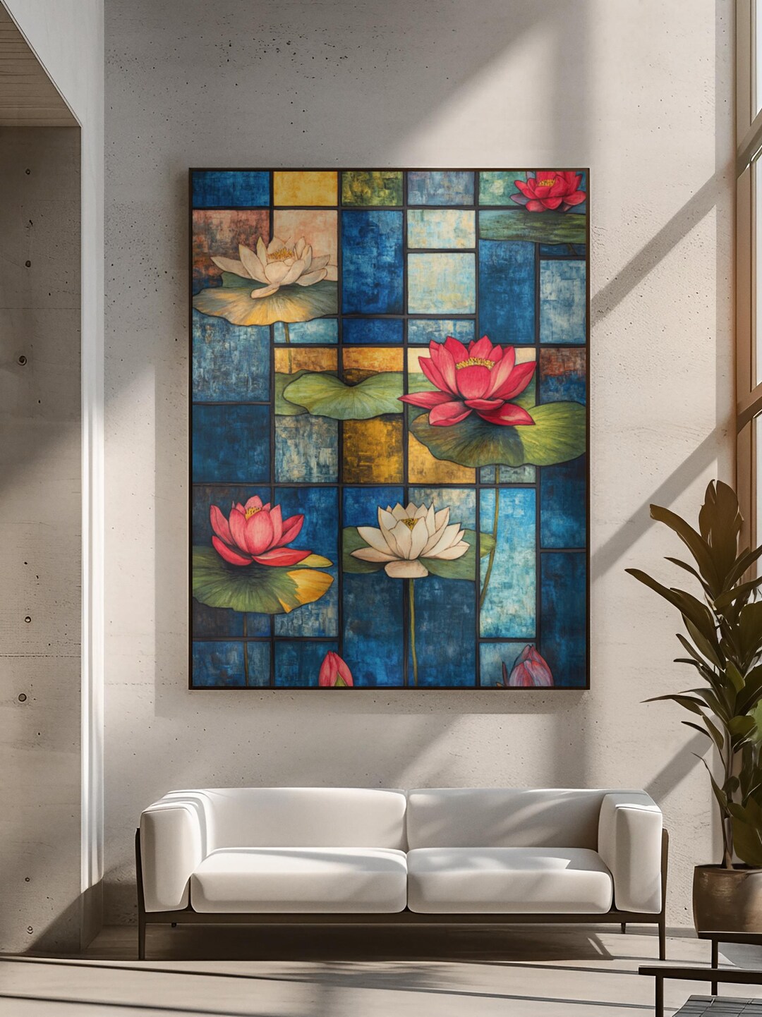 Monet Lotus Flower Wall Art Mondrian Grid Fusion Colorful Impressionist ...