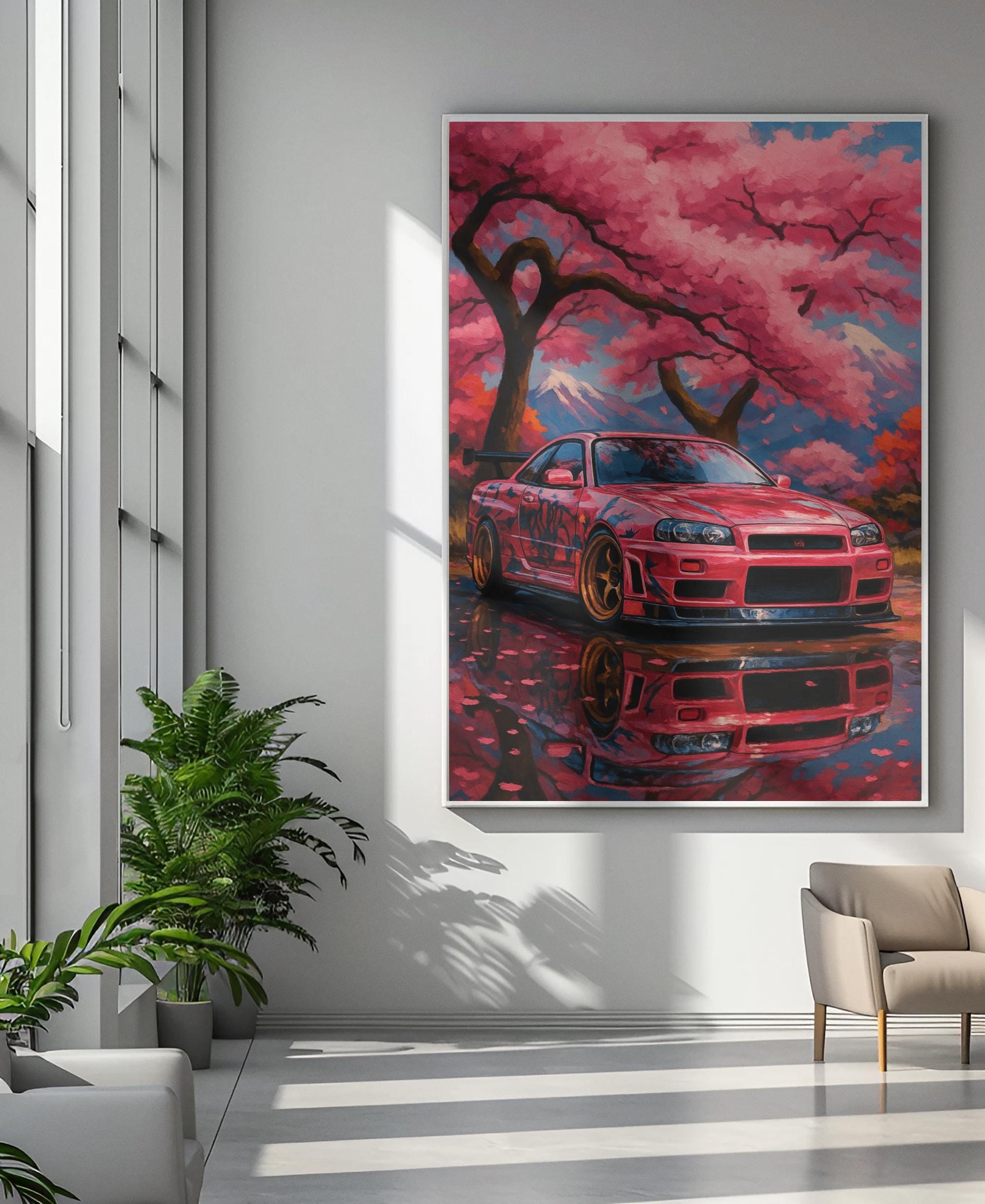 Japanese Drift Car Canvas Print Cherry Blossom Mountain JDM Racing Wall ...