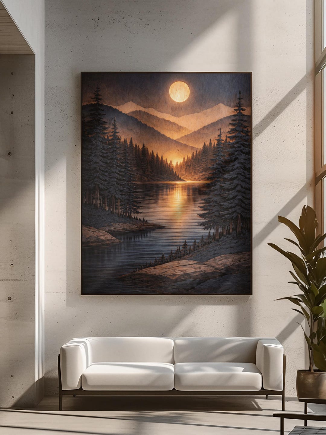 Full Moon Lake Canvas Art Mountain Pine Forest Nightscape Print Warm ...