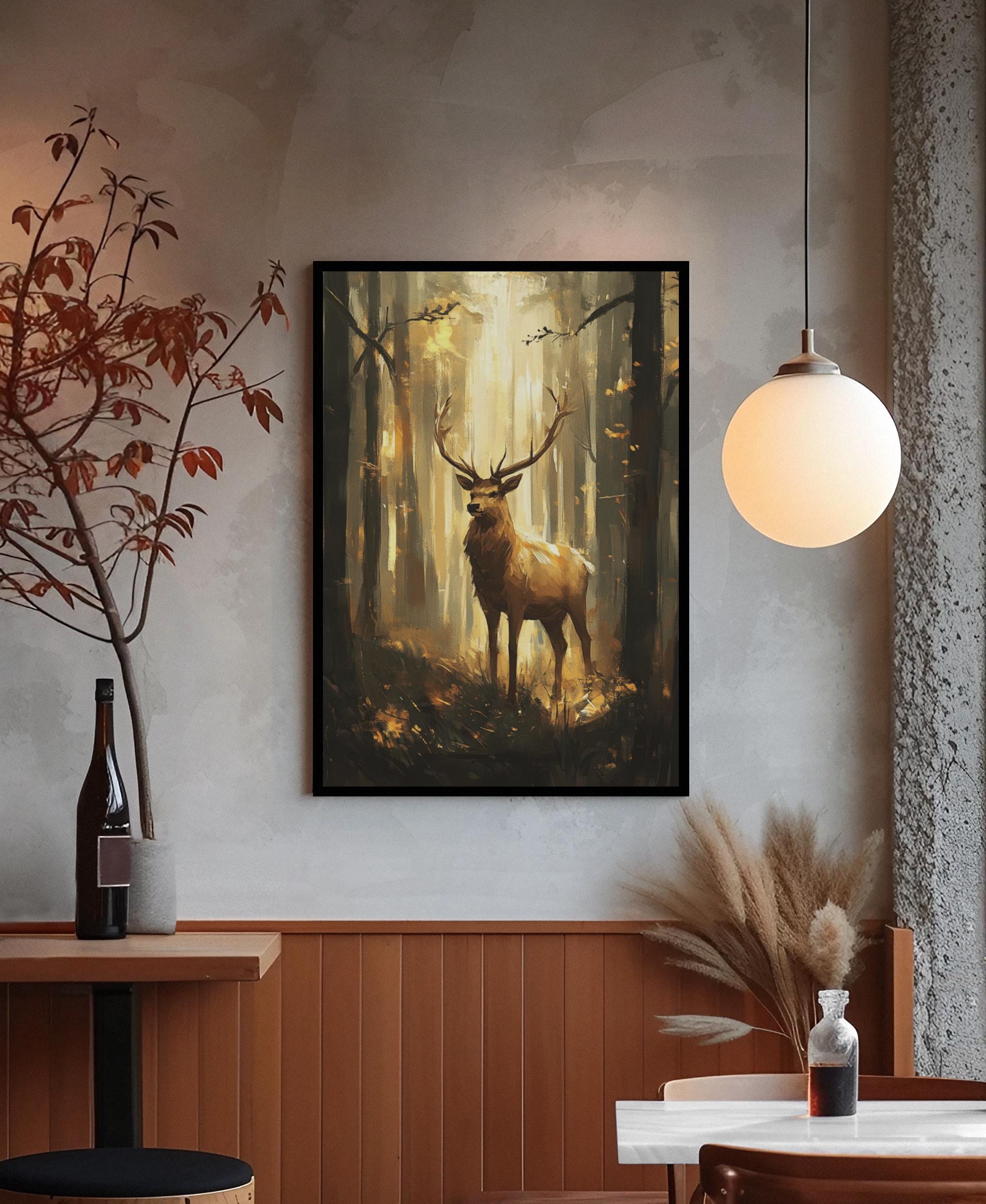 Deer Oil Painting Forest Wildlife Wall Art Buck Portrait Canvas Nature ...