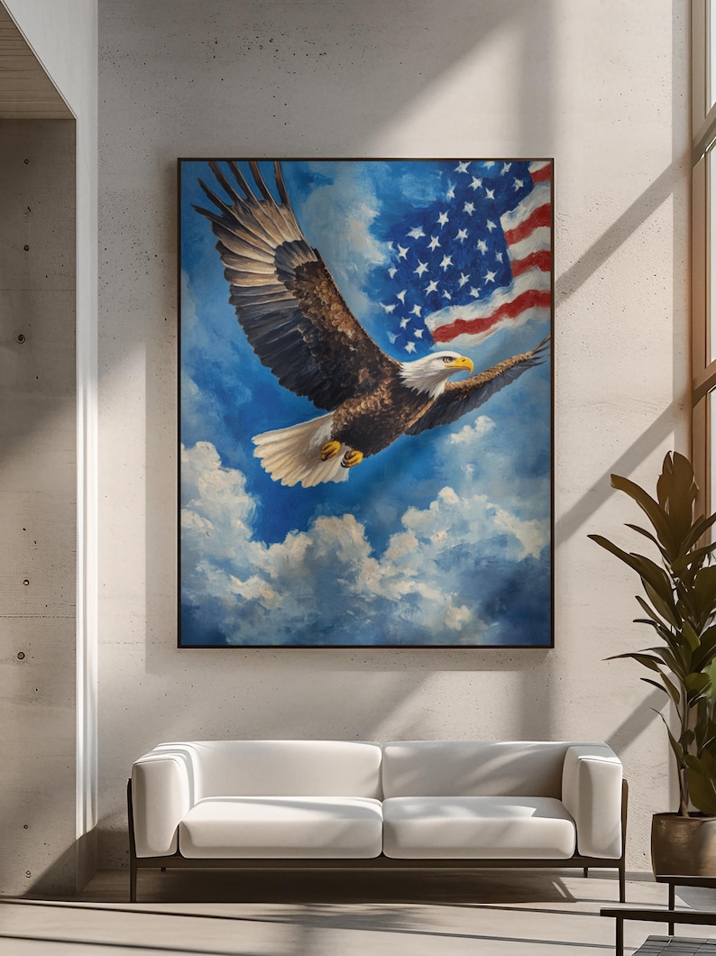 Bald Eagle Canvas Print American Flag Patriotic Wall Art Rustic Lodge ...