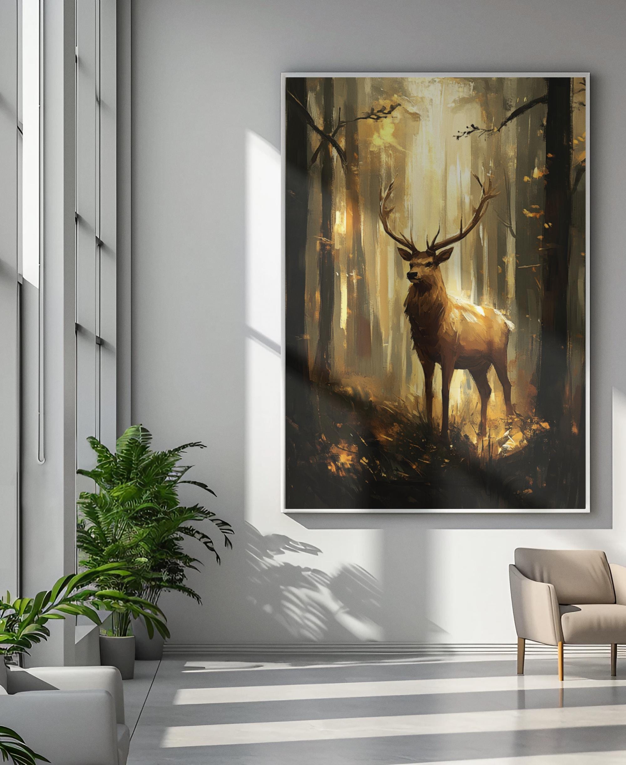 Deer Oil Painting Forest Wildlife Wall Art Buck Portrait Canvas Nature ...