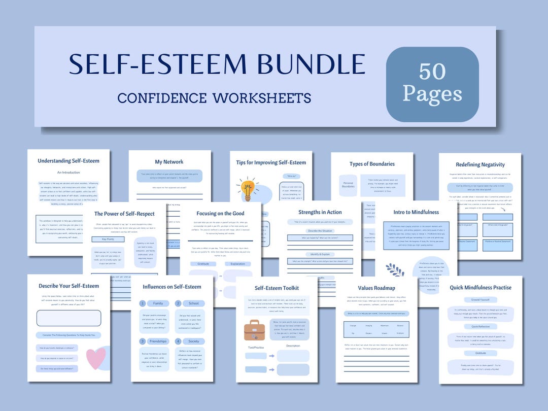 Self Esteem Worksheets Bundle, Therapy Workbook Bundle, Building ...