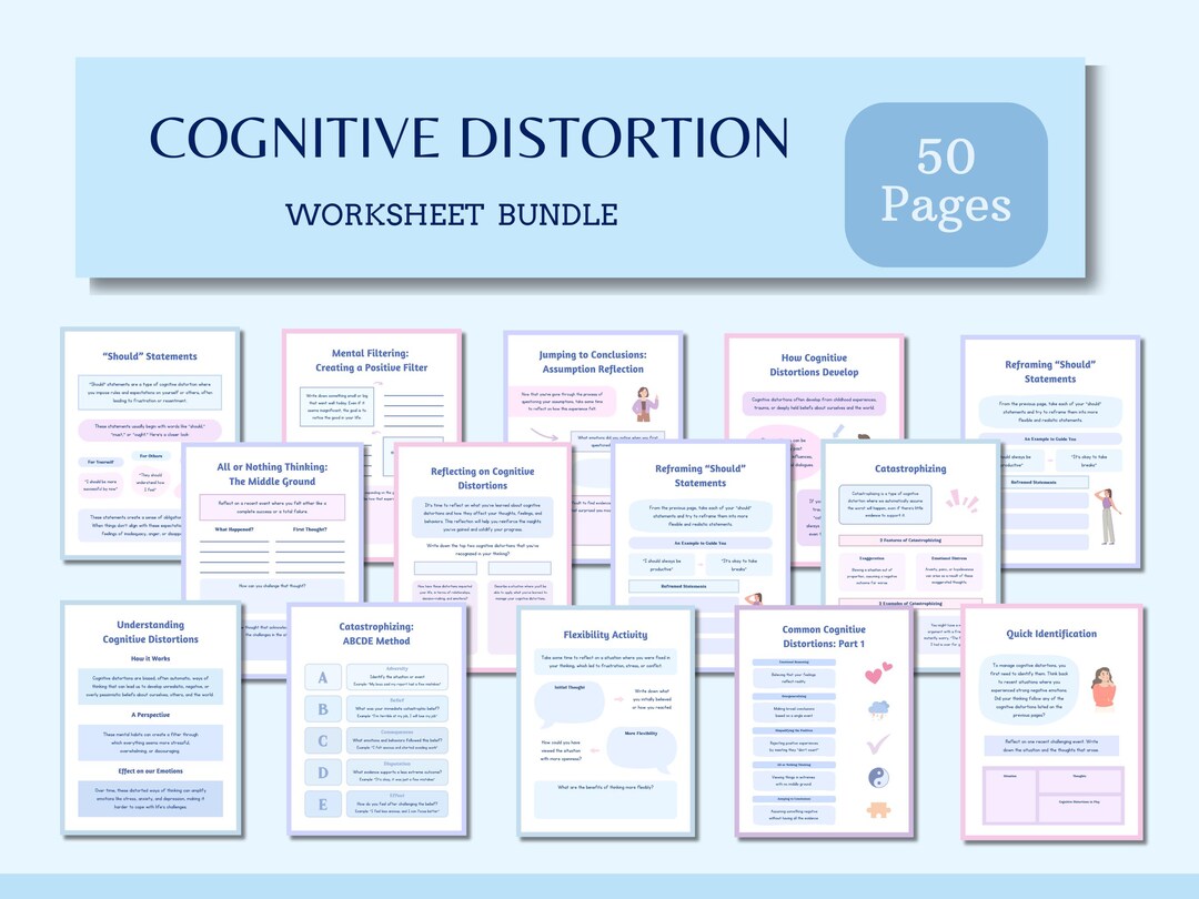 Cognitive Distortion Worksheets, CBT Worksheets Anxiety, Thinking ...