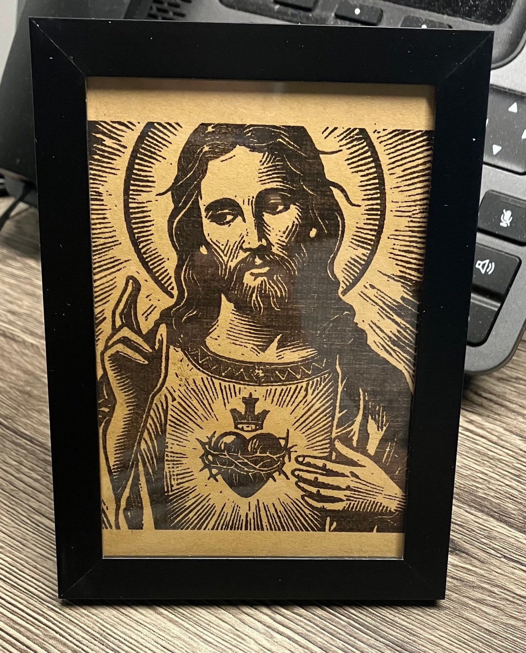 Sacred Heart of Jesus 3.5x5in Laser Linocut Carved Wood in Black ...