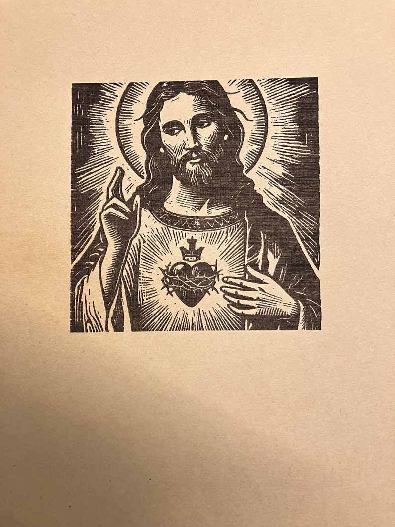 Sacred Heart of Jesus 3.5x5in Laser Linocut Carved Wood in Black ...