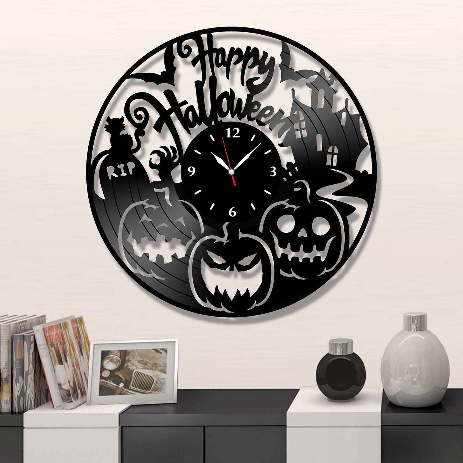 Halloween Wall Clock 12 Made Out of Vintage Vinyl Record, Modern Wall ...