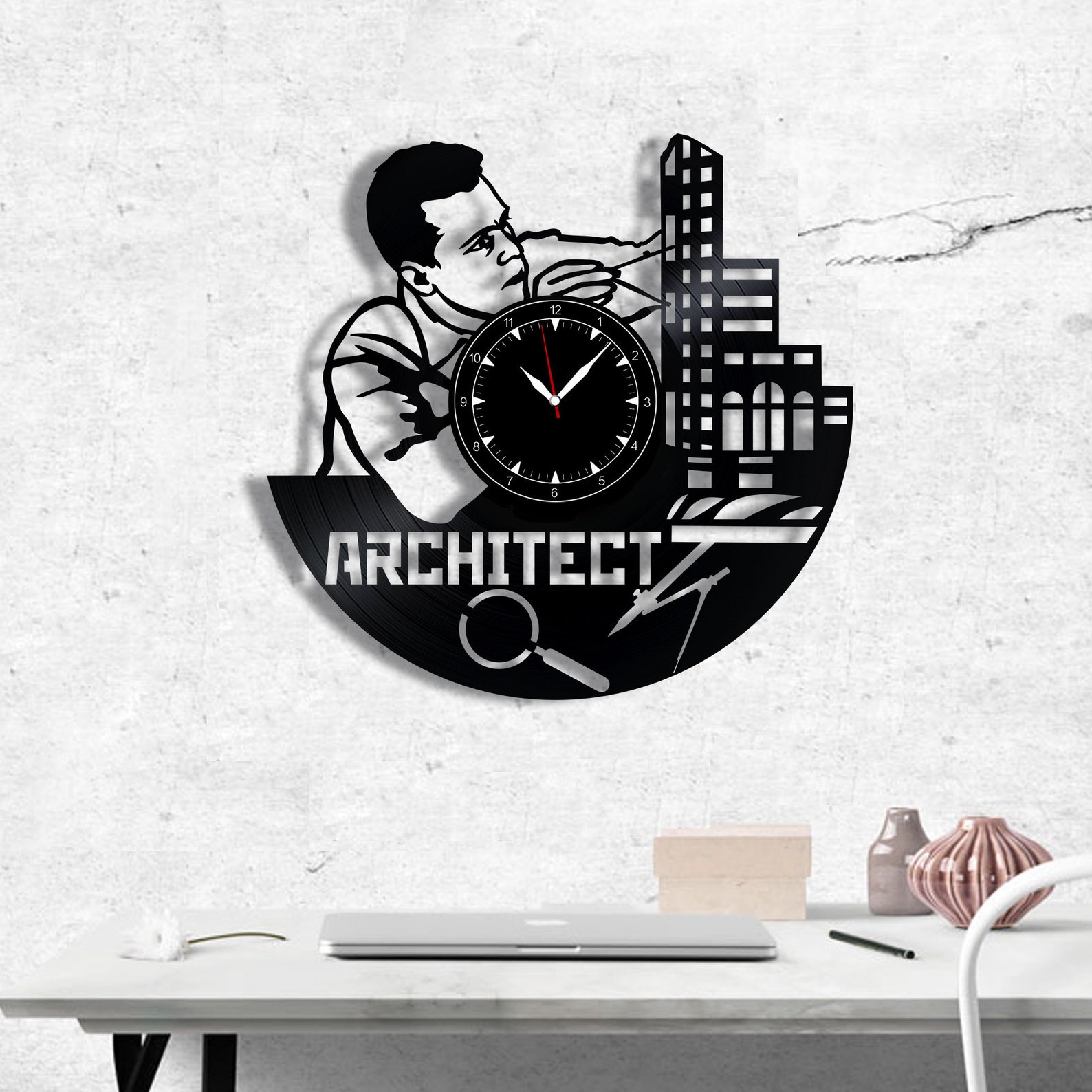 Architect Wall Clock 12 Made Out of Vintage Vinyl Record, Modern Wall ...