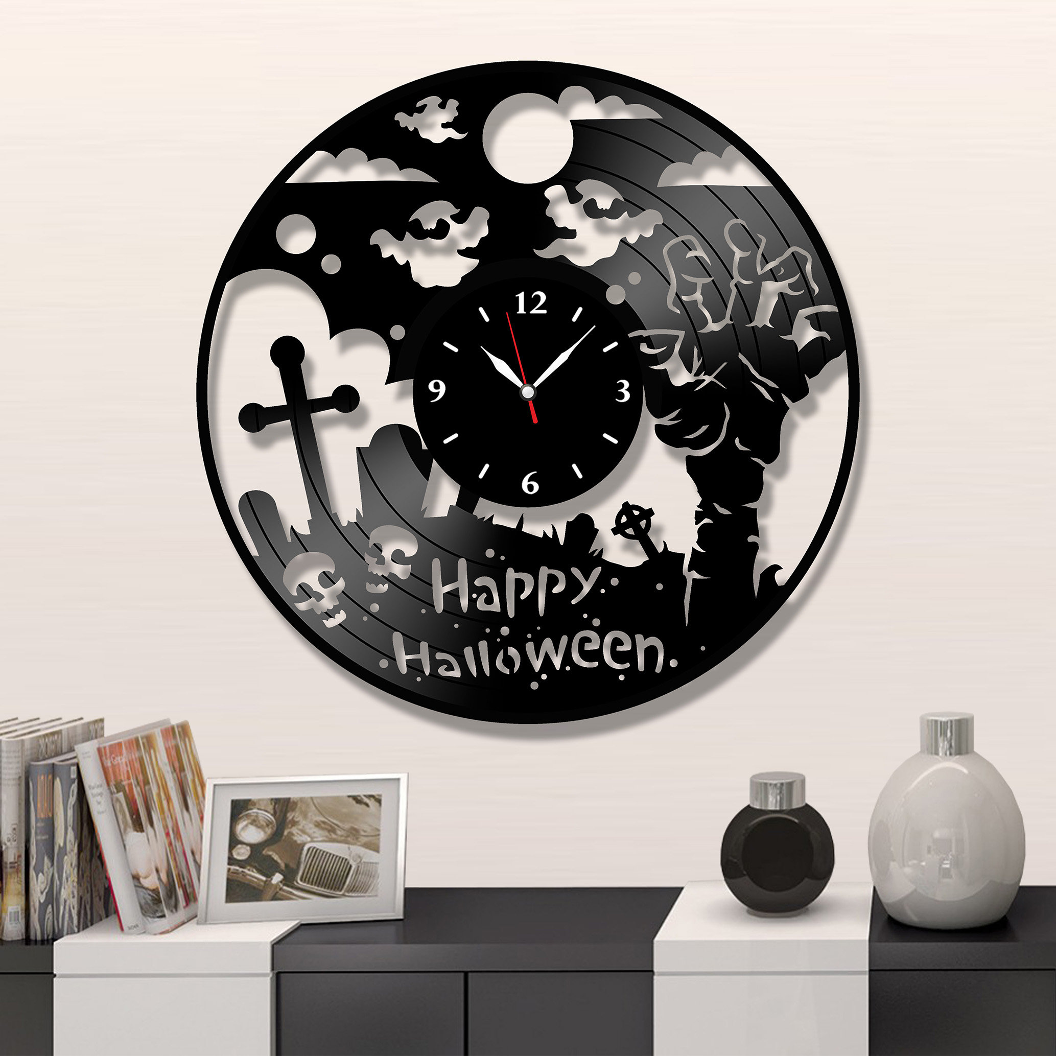Halloween Wall Clock 12 Made Out of Vintage Vinyl Record, Modern Wall ...