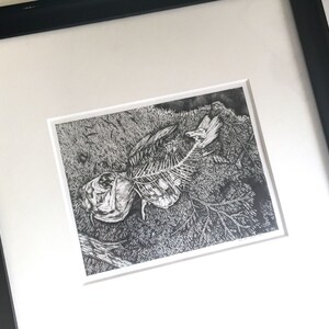 Fish Skeleton Drawing, Framed Stipple Ink Drawing, Framed Original Art ...