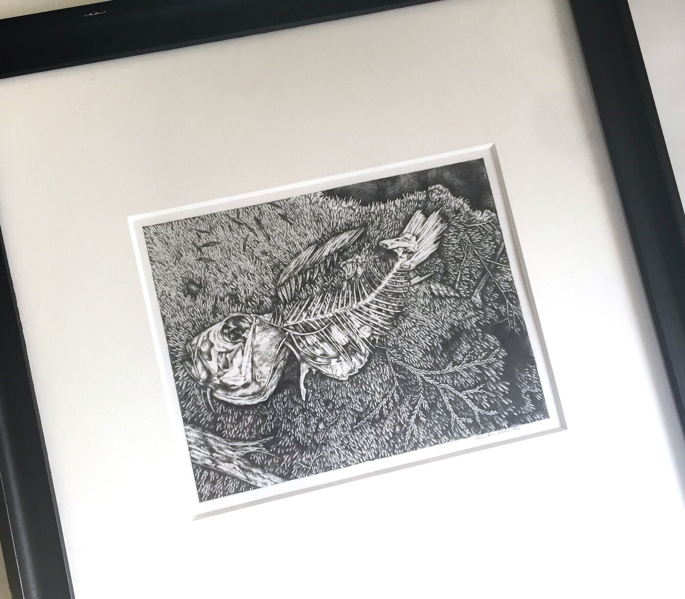 Fish Skeleton Drawing, Framed Stipple Ink Drawing, Framed Original Art ...
