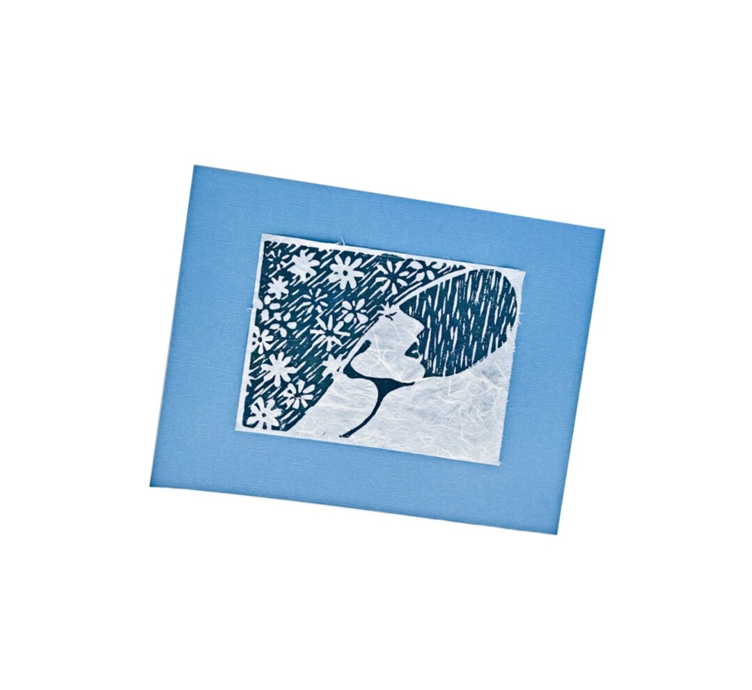 Mother Nature Linocut, Lady in Floral Hat Blockprint, Blue Mother ...