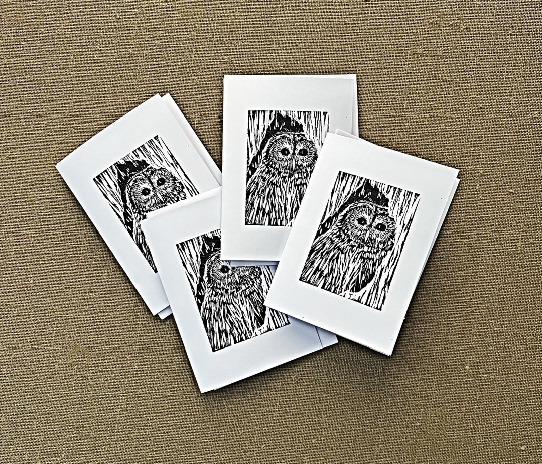 Set of Owl Note Cards, Blank Card Set, Owl Block Print Art Note Cards ...