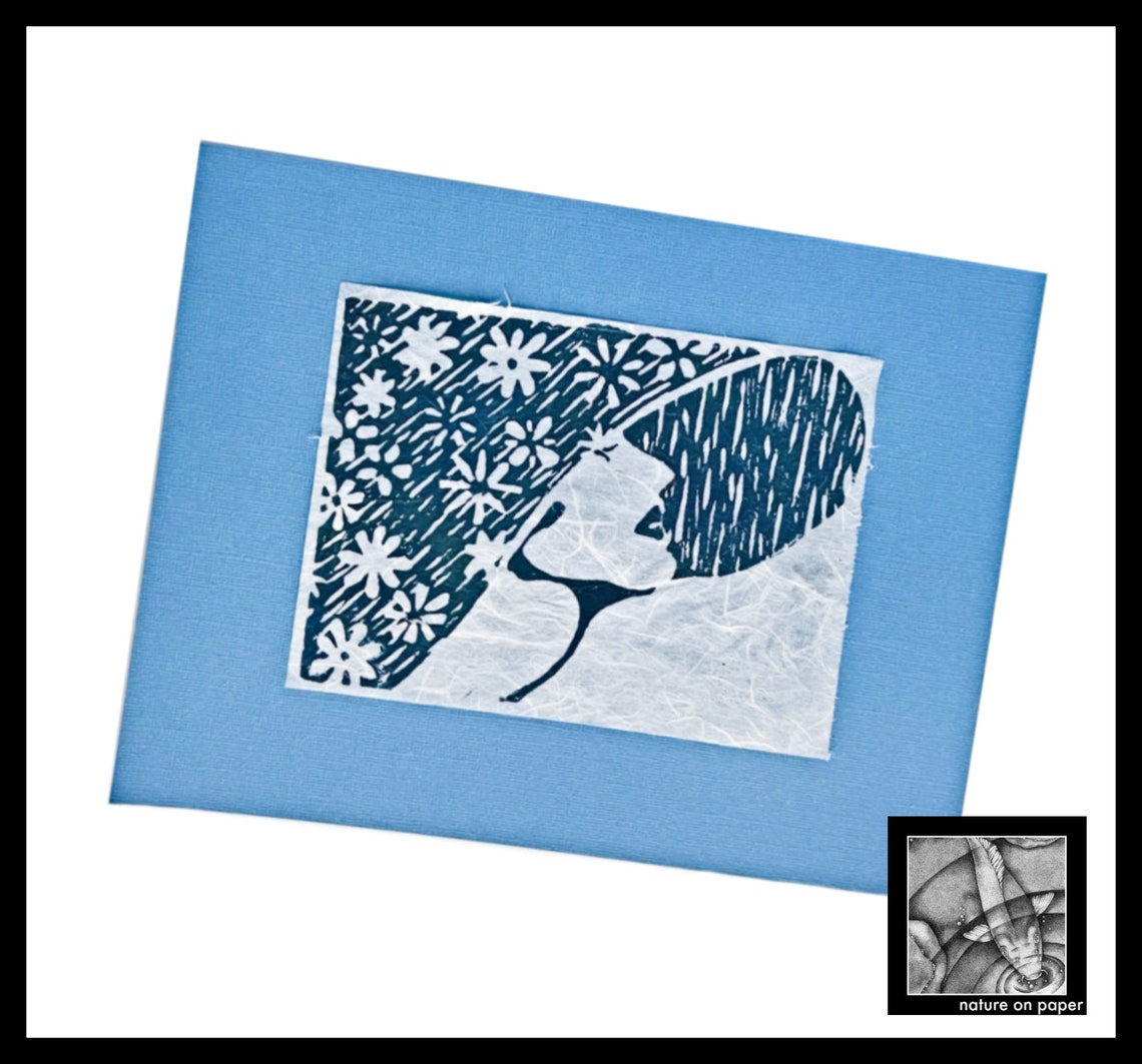 Mother Nature Lino Block Print, Woman in Floral Hat, Blue Art - Etsy