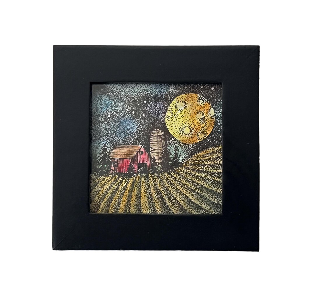 Full Moon Farm Original Art, Framed Farm and Moon Stipple Ink Drawing ...