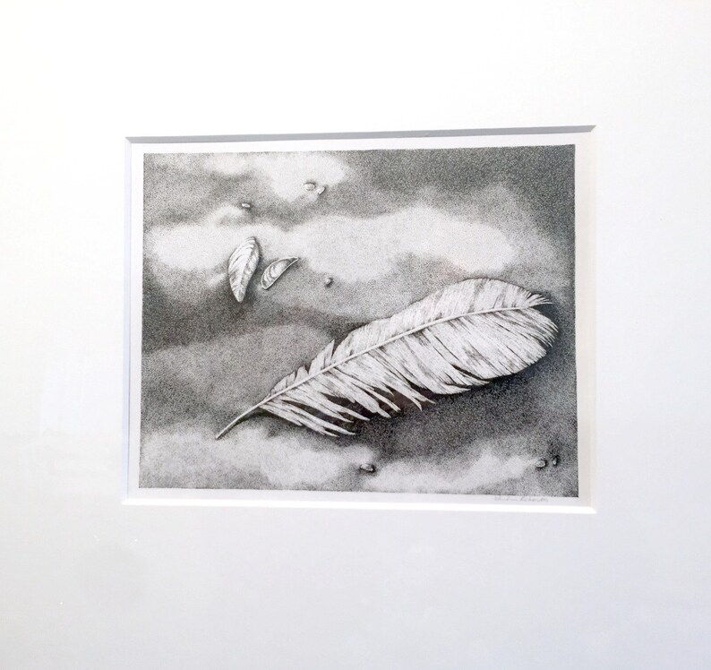 Framed Beach Feather Sea Shell Drawing, Stipple Ink Original Drawing ...