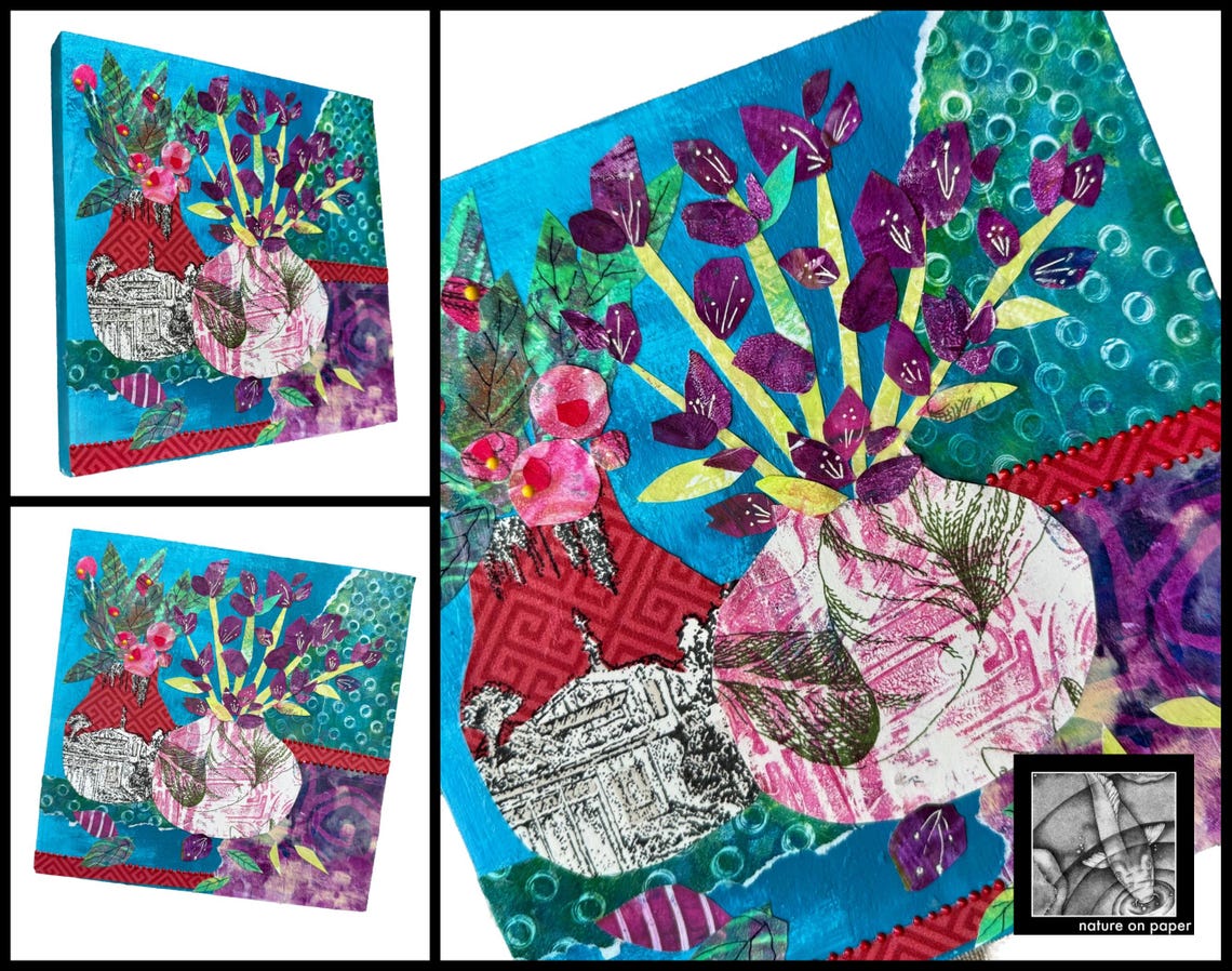Floral Bouquet Mixed Media Collage on Birch Panel, Bright Original ...