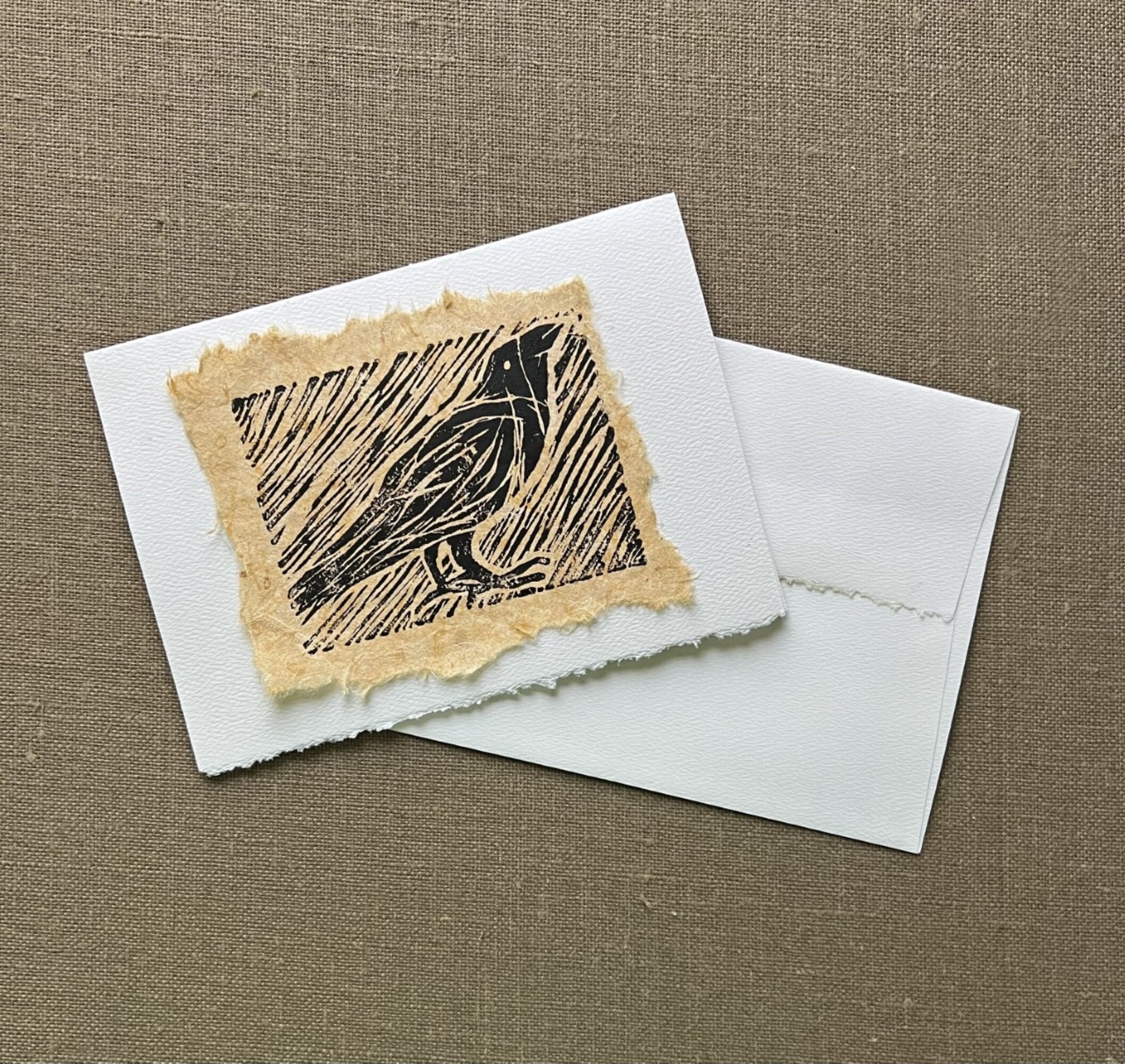ONE Handmade Linocut Crow Note Card, Hand Pulled Linoleum Cut Crow ...