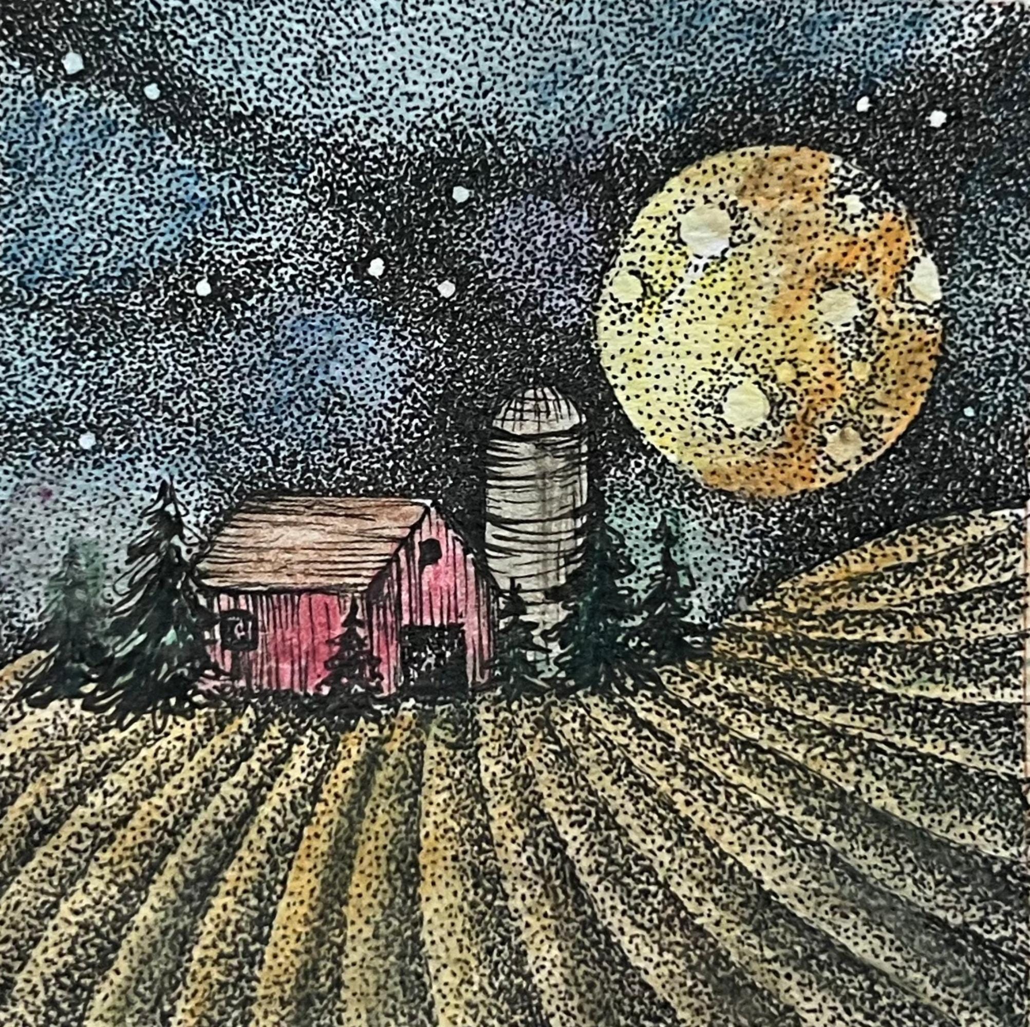 Full Moon Farm Original Art, Framed Farm and Moon Stipple Ink Drawing ...