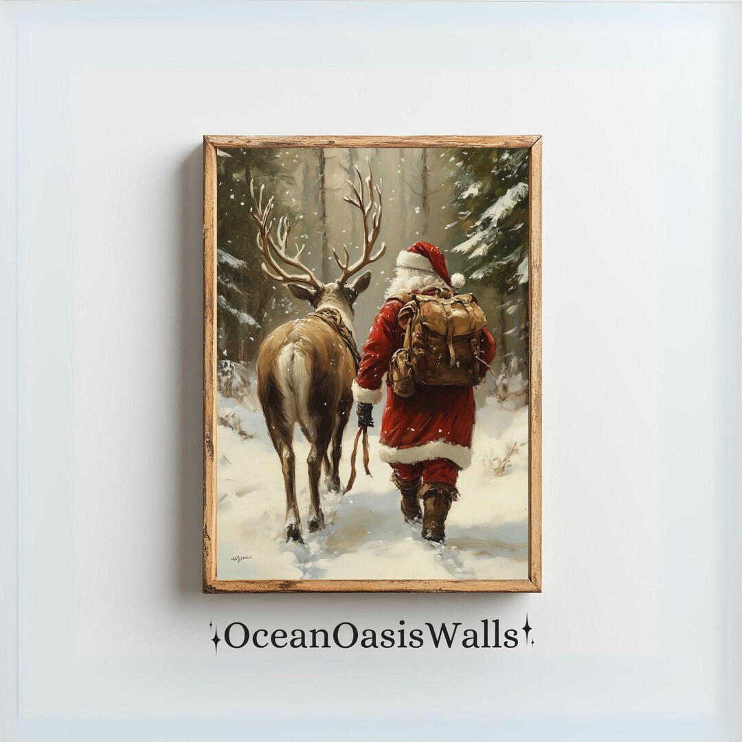 Printable Santa and Reindeer Painting, Snowy Forest Print, Rustic ...