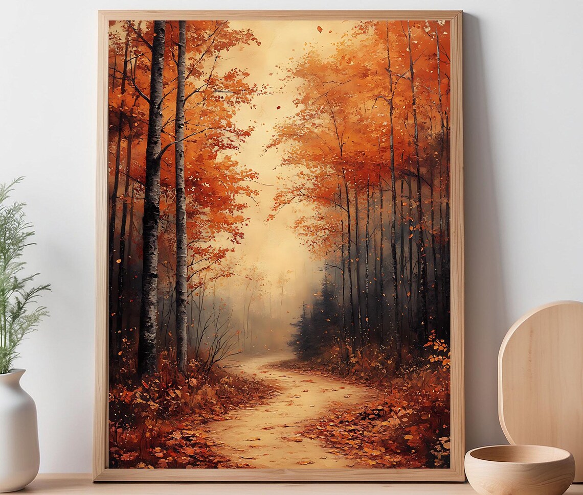 Printable Vintage Autumn Wall Art, Rustic Home Decor, Fall Forest Art ...
