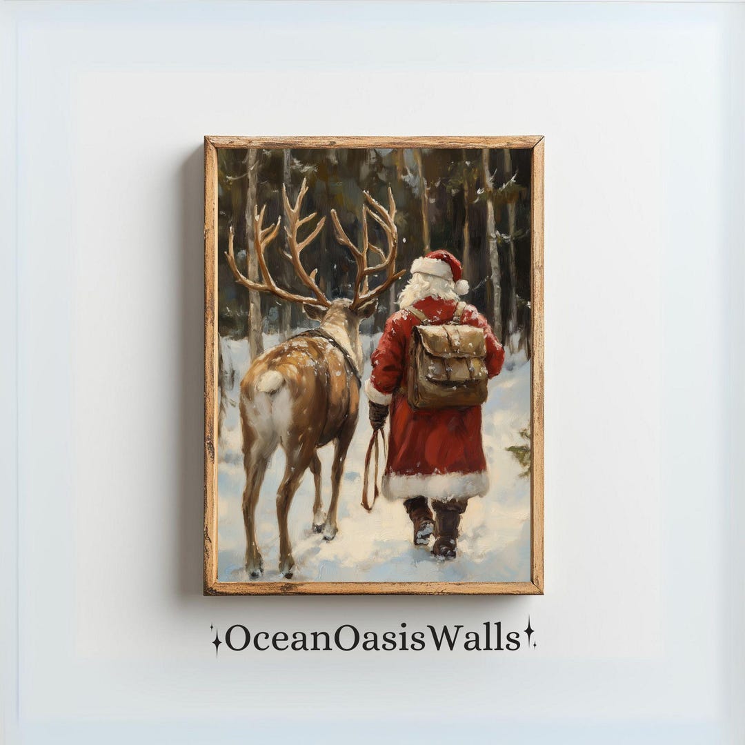 Printable Santa and Reindeer Painting, Snowy Forest Print, Rustic ...