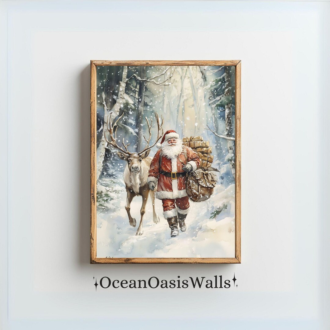 Printable Santa and Reindeer Painting, Snowy Forest Print, Rustic ...