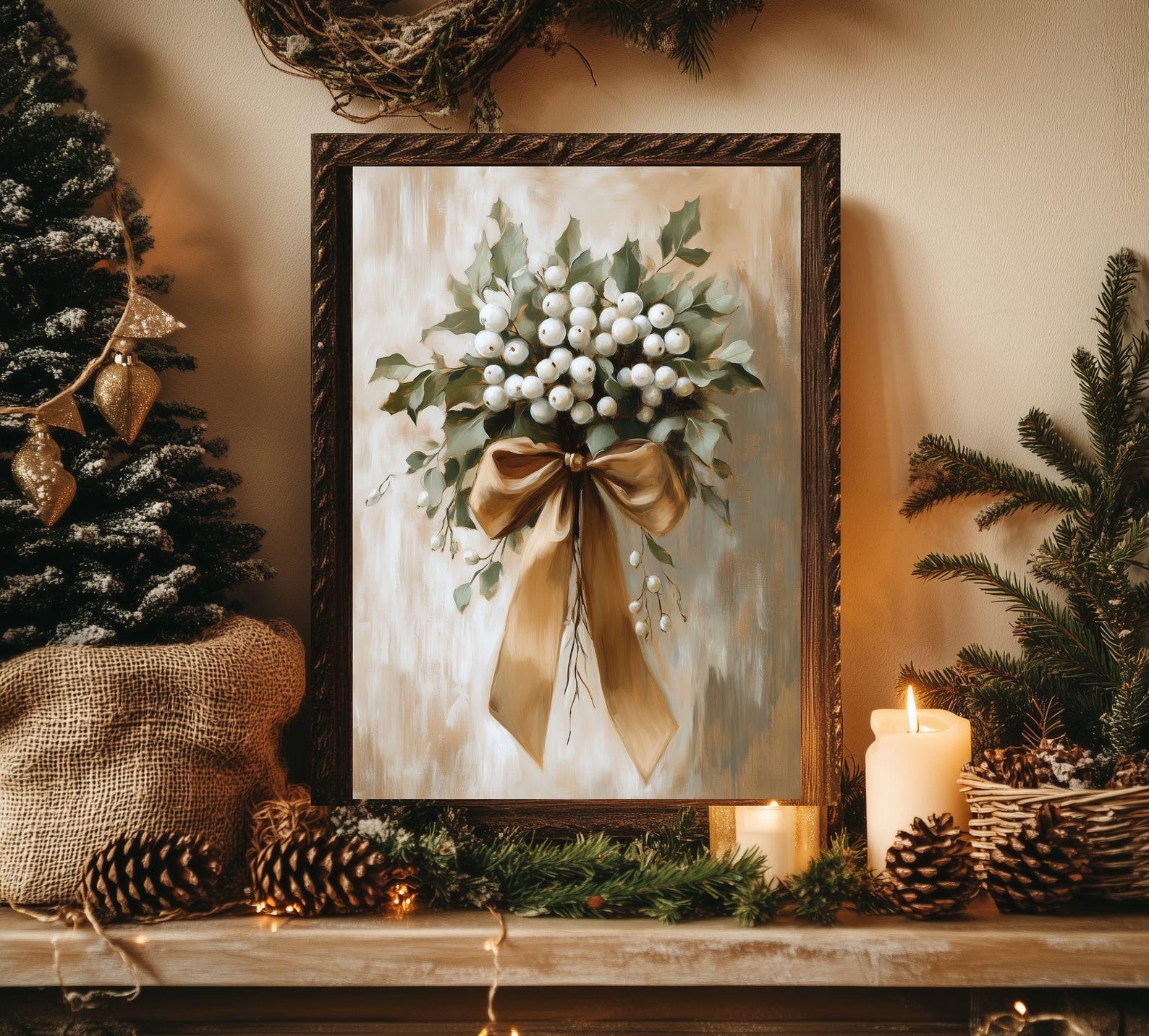 Printable Christmas Mistletoe With Brown Bow Wall Art, Vintage Still ...