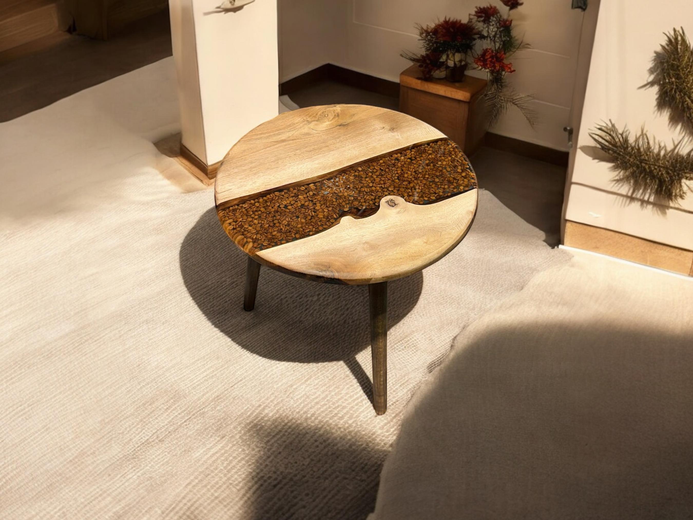 Round Resin Coffee Table, With Real Coffee Beans & Wooden Legs ...