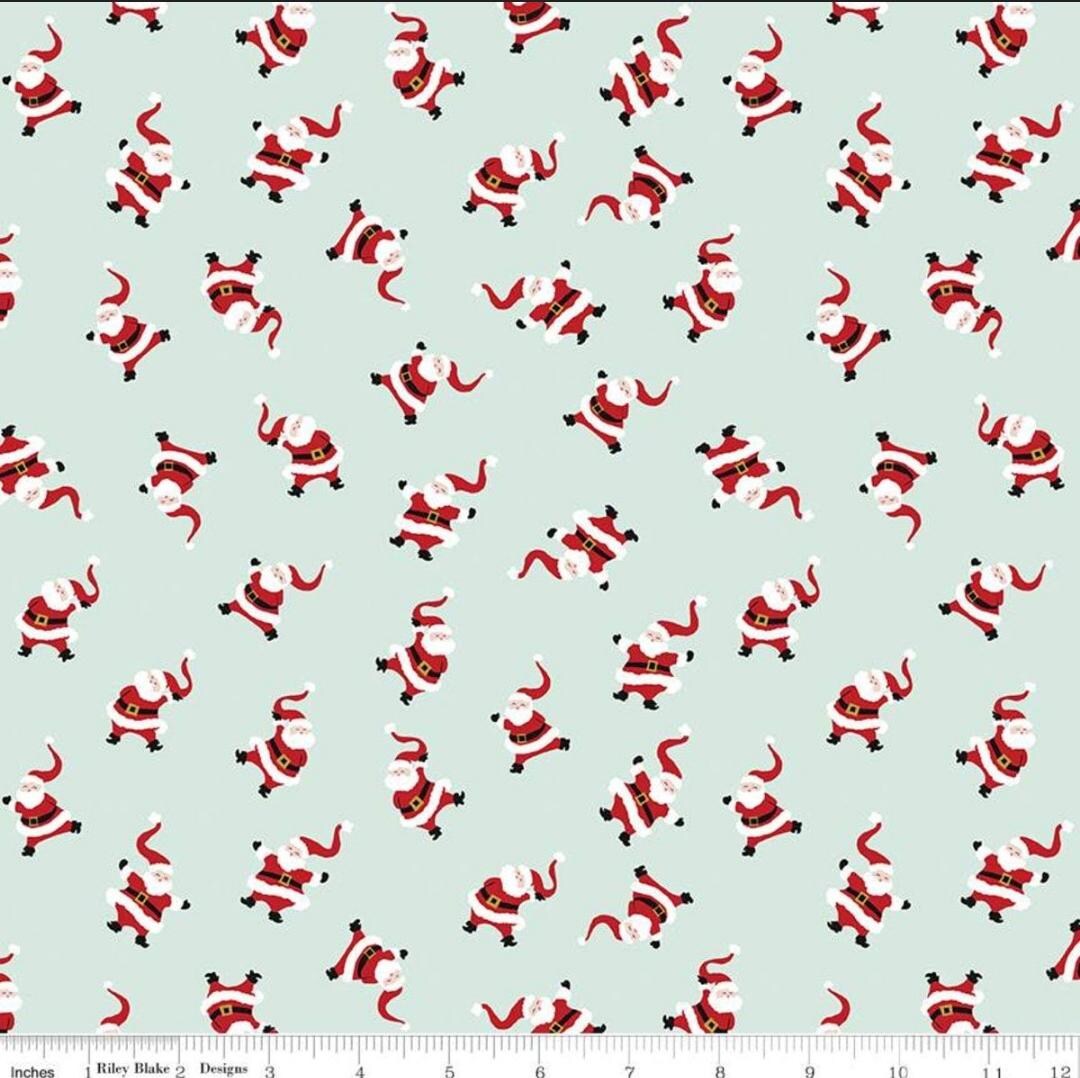 Santa Claus Lane Fabric – Tossed Santa, Mint Green Cotton by the half ...