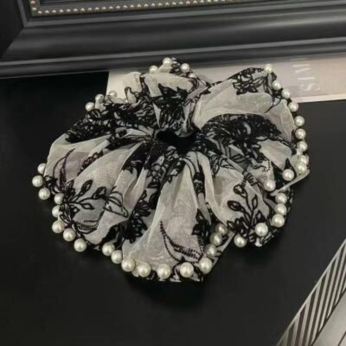 Elegant Black and White Lace Hair Scrunchie With Pearl Detailing - Etsy