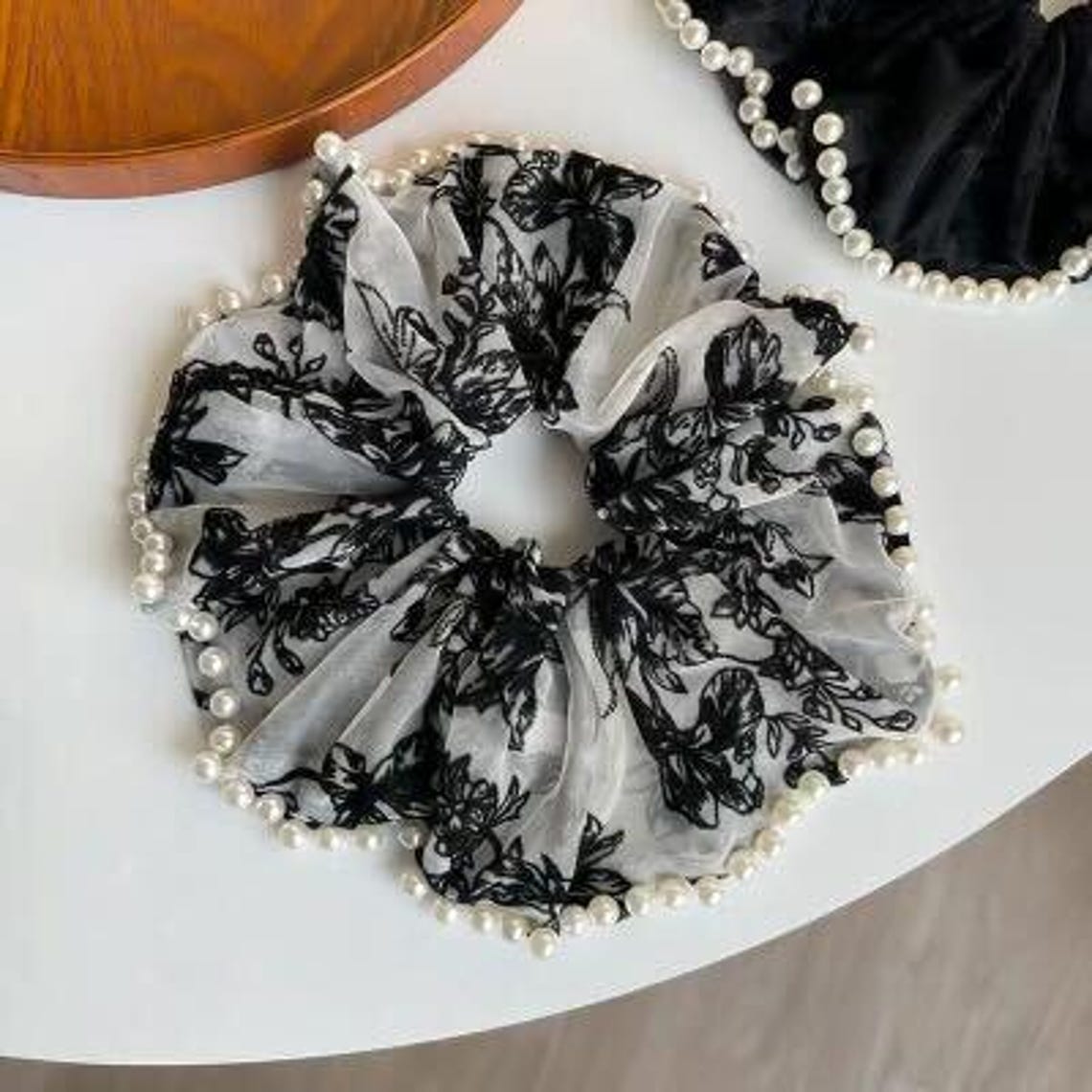 Elegant Black and White Lace Hair Scrunchie With Pearl Detailing - Etsy