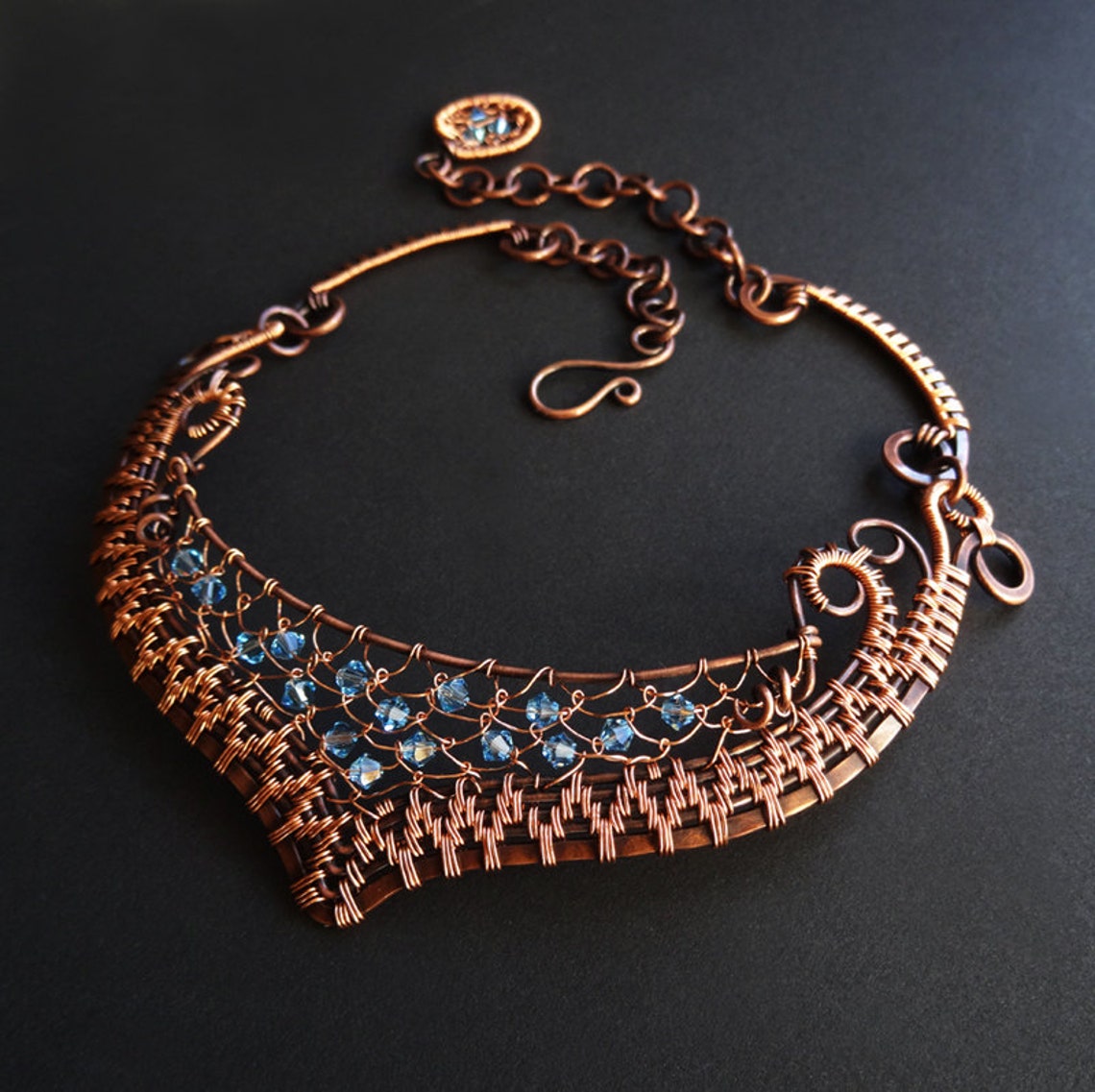 Fabulous Woven Copper & Crystal Collar Aqua OOAK Statement Necklace ...