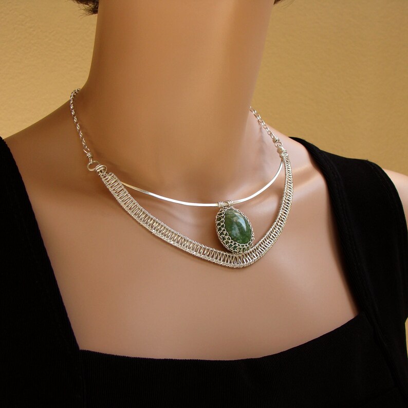 Sterling Silver & Green Gemstone Collar Hammered Netted | Etsy