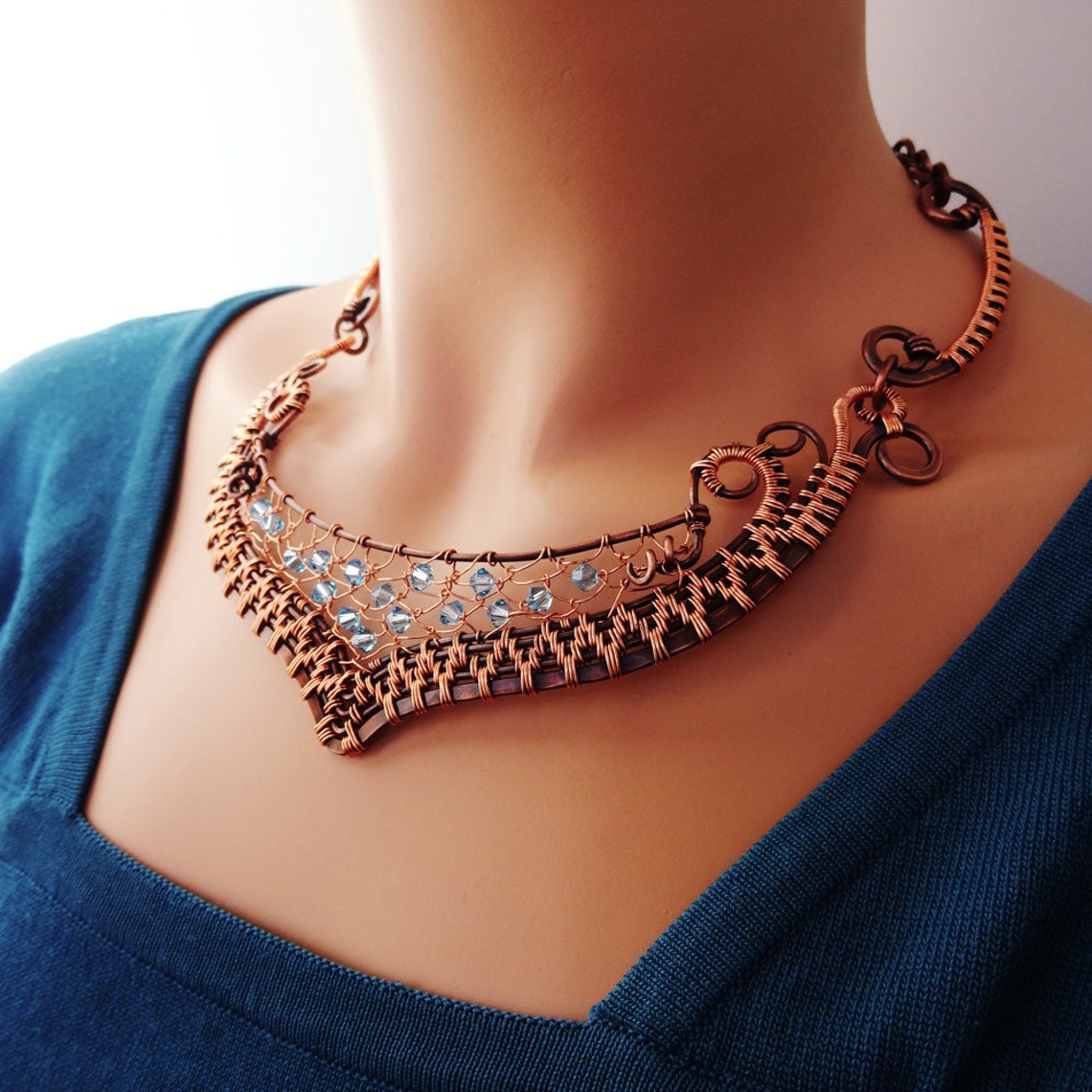 Fabulous Woven Copper & Crystal Collar Aqua OOAK Statement Necklace ...
