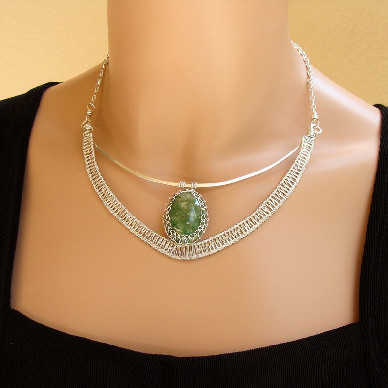 Sterling Silver & Green Gemstone Collar Hammered Netted | Etsy