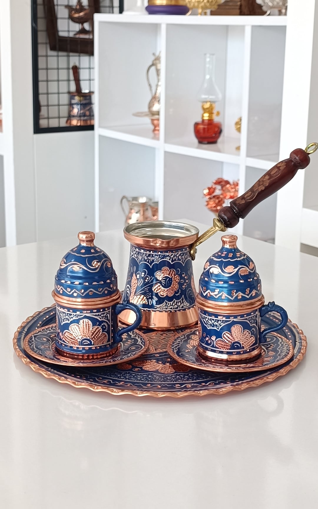 Handcrafted Copper Turkish Coffee Set: Engraved Coffee Pot & Cups ...