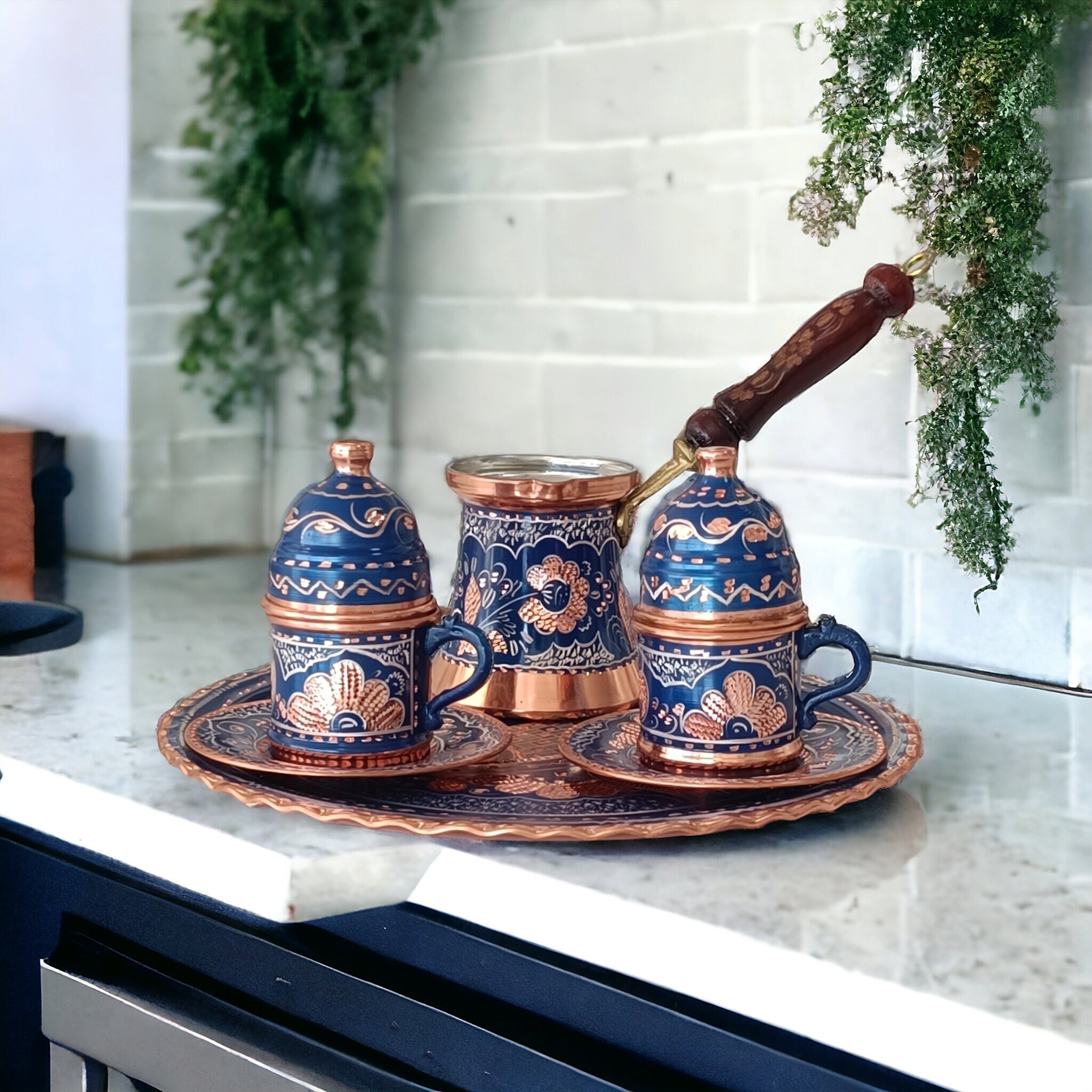 Handcrafted Copper Turkish Coffee Set: Engraved Coffee Pot & Cups, Copper Coffee Cup Set, Arabic ...
