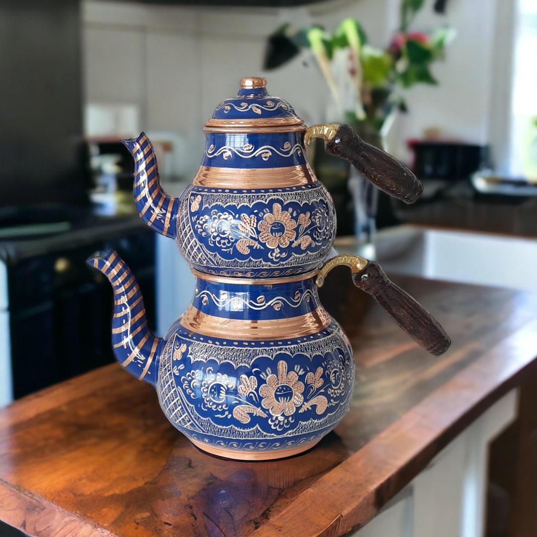 Authentic Turkish Tea Kettle Set, Handcrafted Teapot in Blue Floral ...