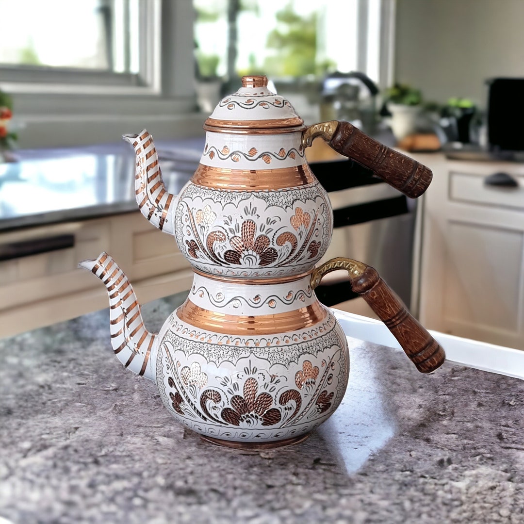 Handcrafted Teapot in White Floral Copper Design, Authentic Turkish Tea ...