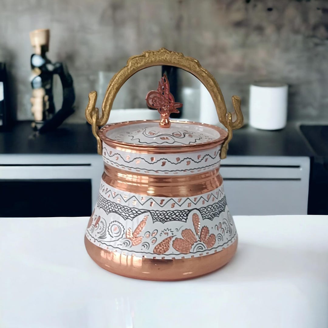 Handcrafted Turkish Copper Bucket With Lid, Ornate Floral Design ...