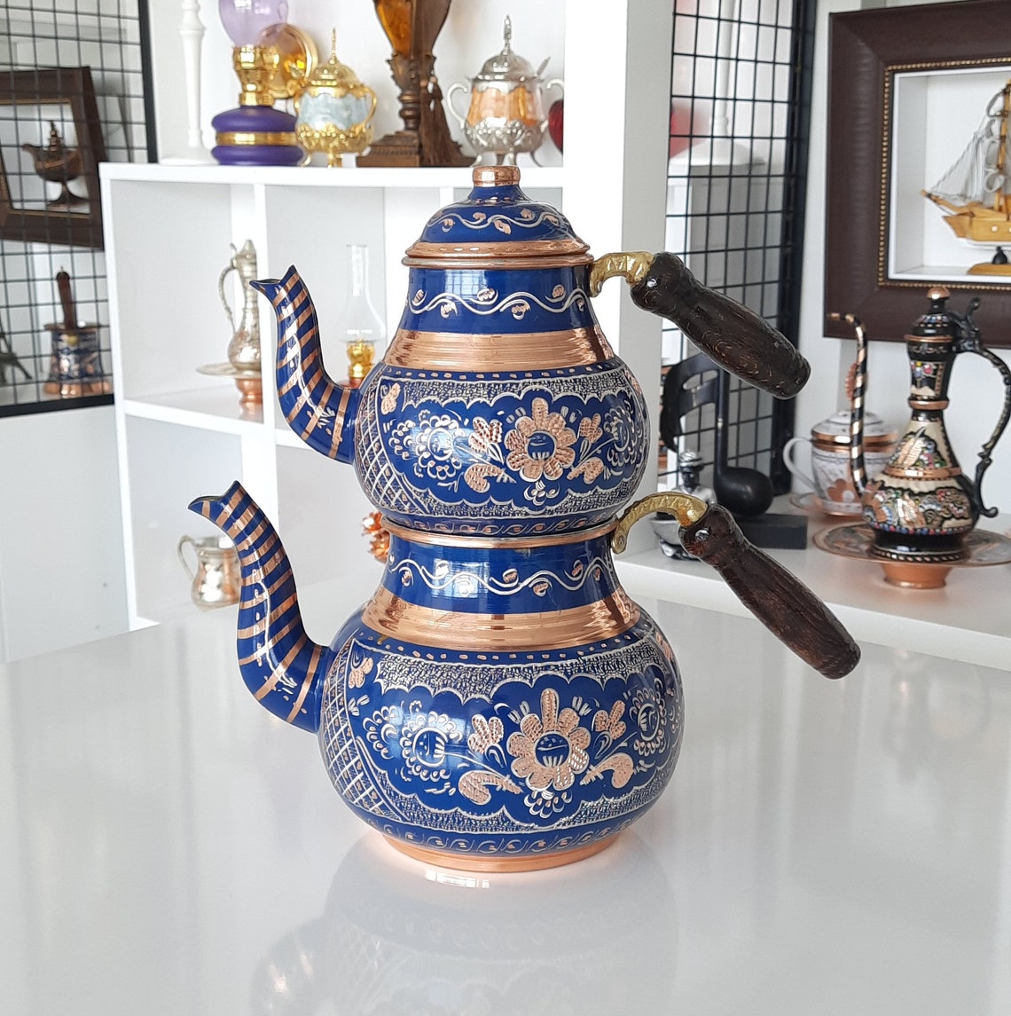 Authentic Turkish Tea Kettle Set, Handcrafted Teapot in Blue Floral ...
